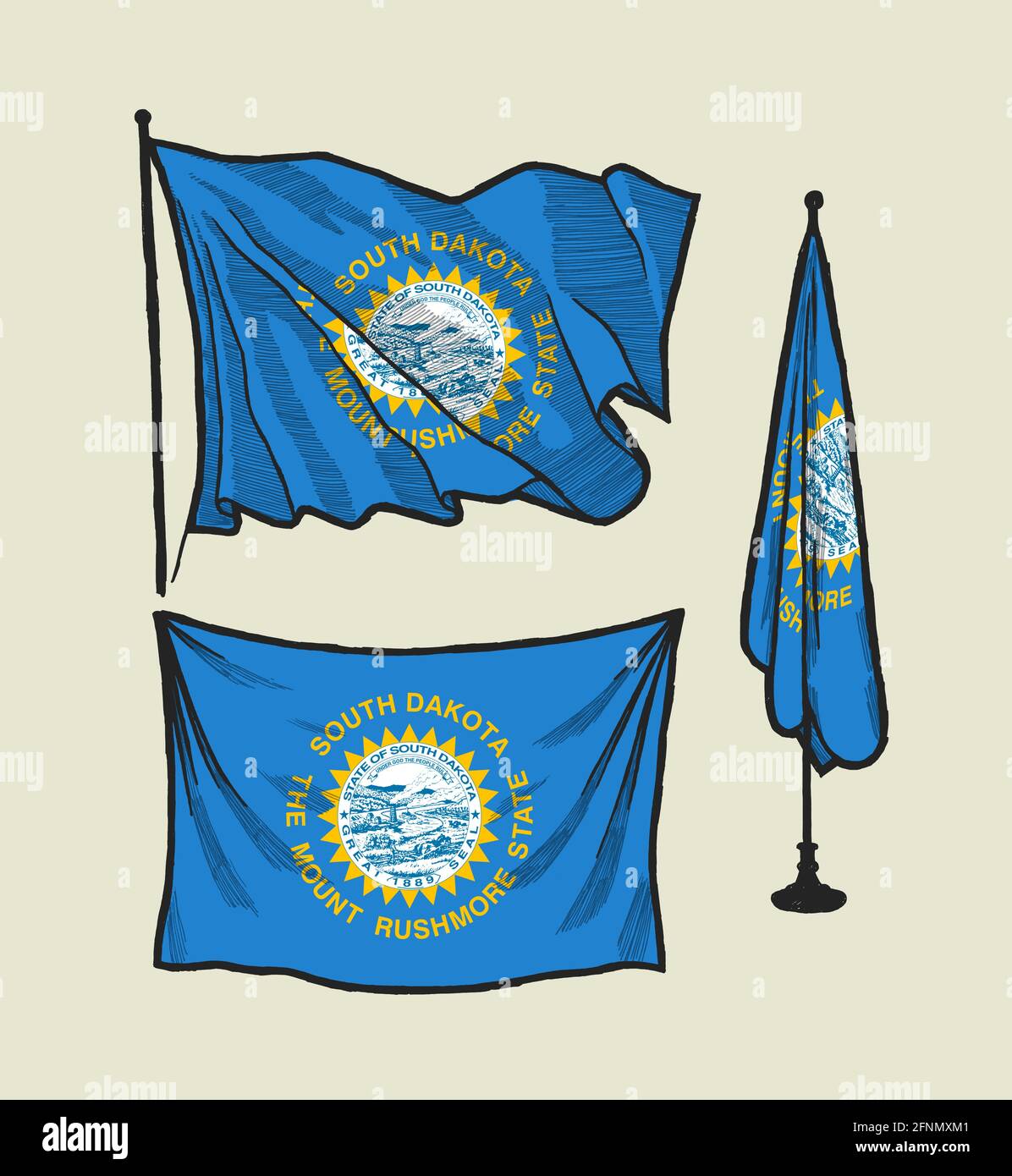 Flag of South Dakota on the wind and on the wall hand drawn vector ...
