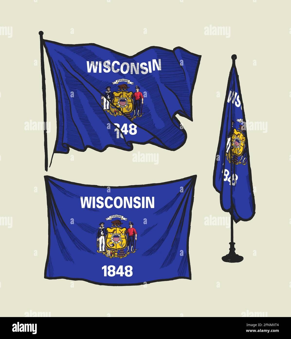 Flag of Wisconsin on the wind and on the wall hand drawn vector ...