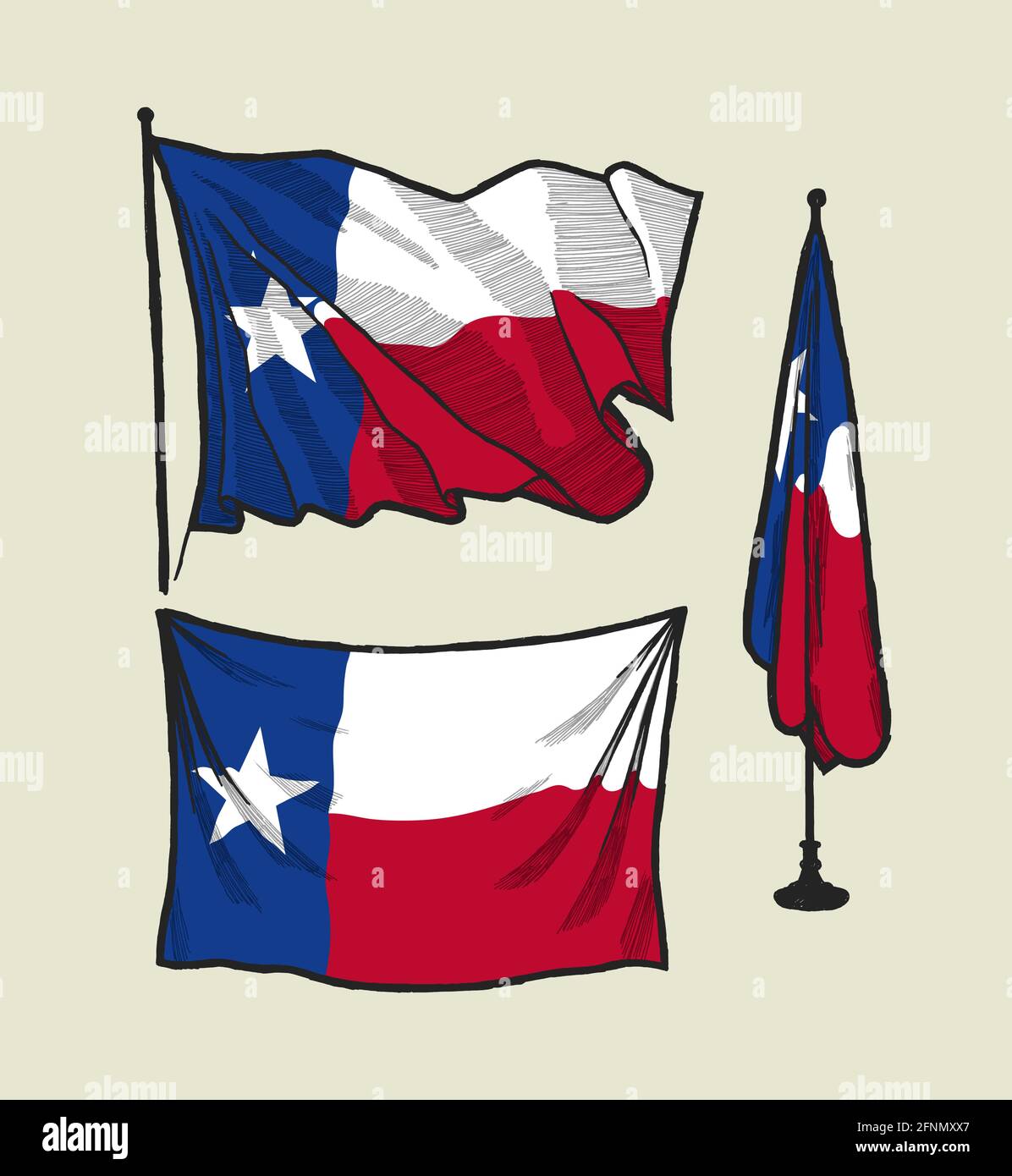 flag of Texas on the wind and on the wall hand drawn illustration set ...