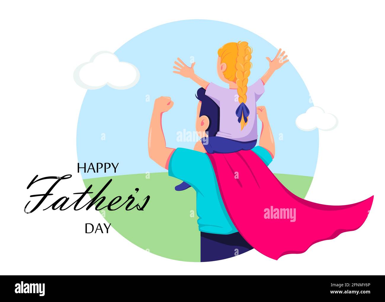 Happy Father's day greeting card. Dad in superhero costume holds ...