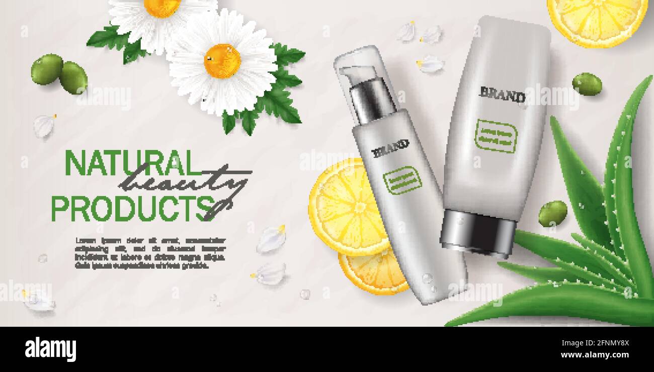 Banner of Natural skin care cosmetics with green plants, realistic ...