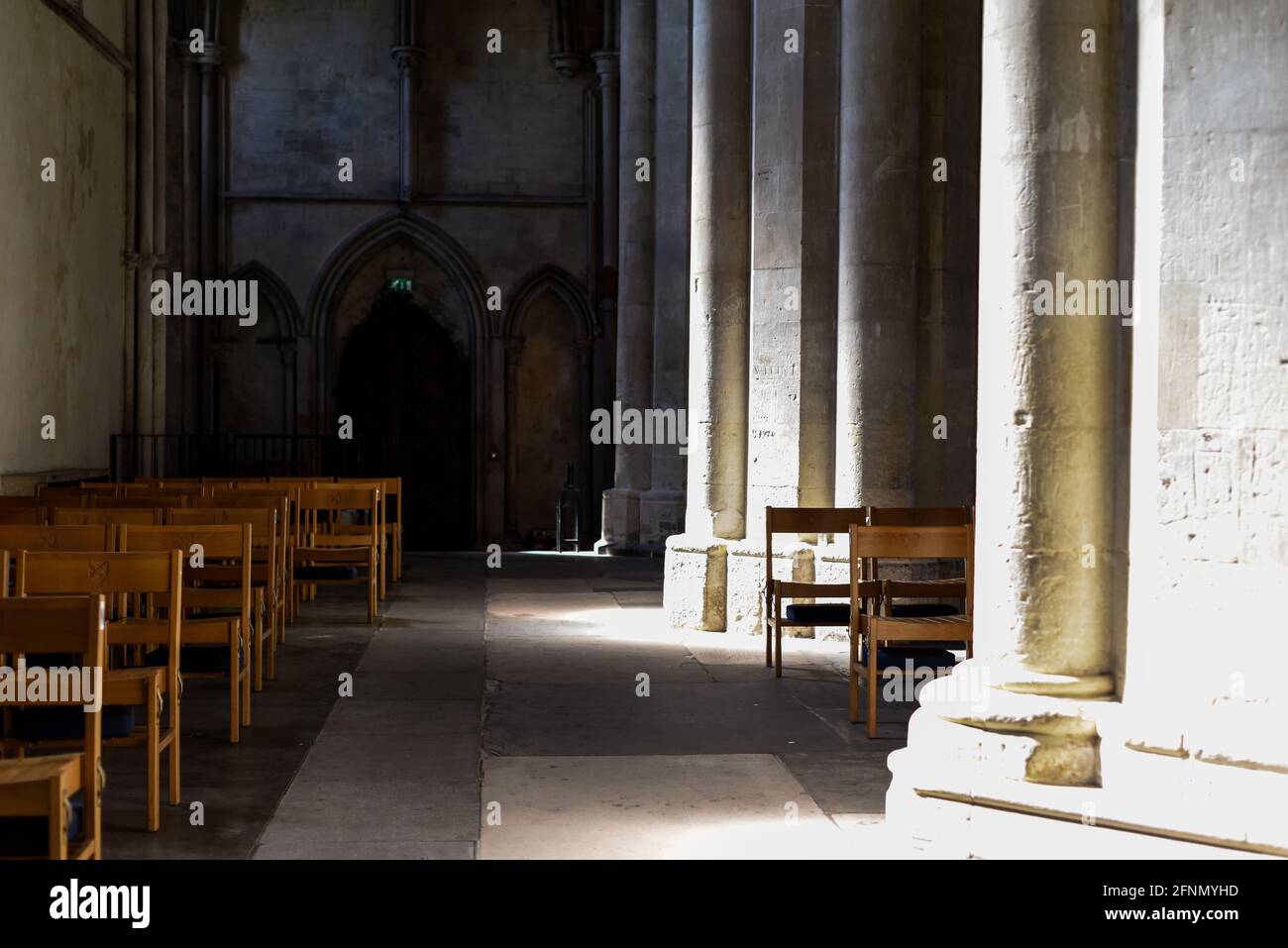 Cathedral interior from low angle with seating where church services ...