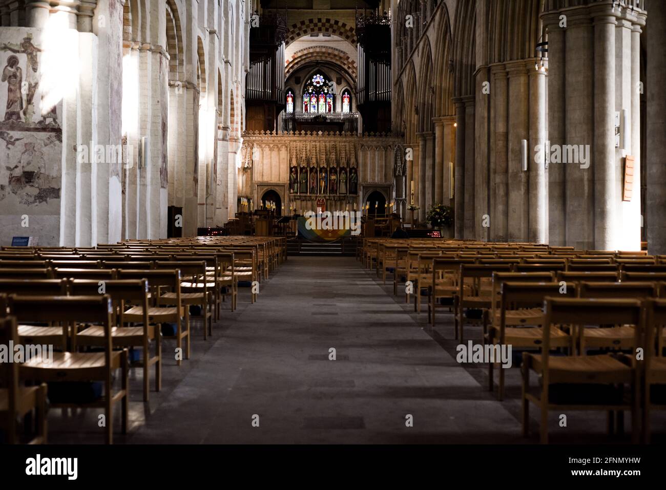 Cathedral interior from low angle with seating where church services ...