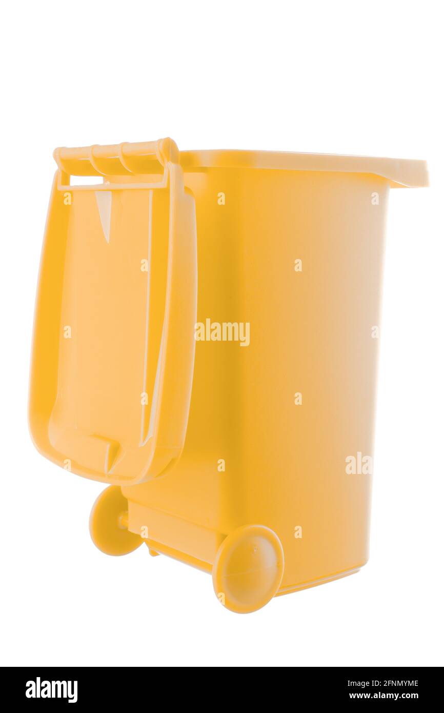 Plastic yellow trash can isolated on white background Stock Photo - Alamy