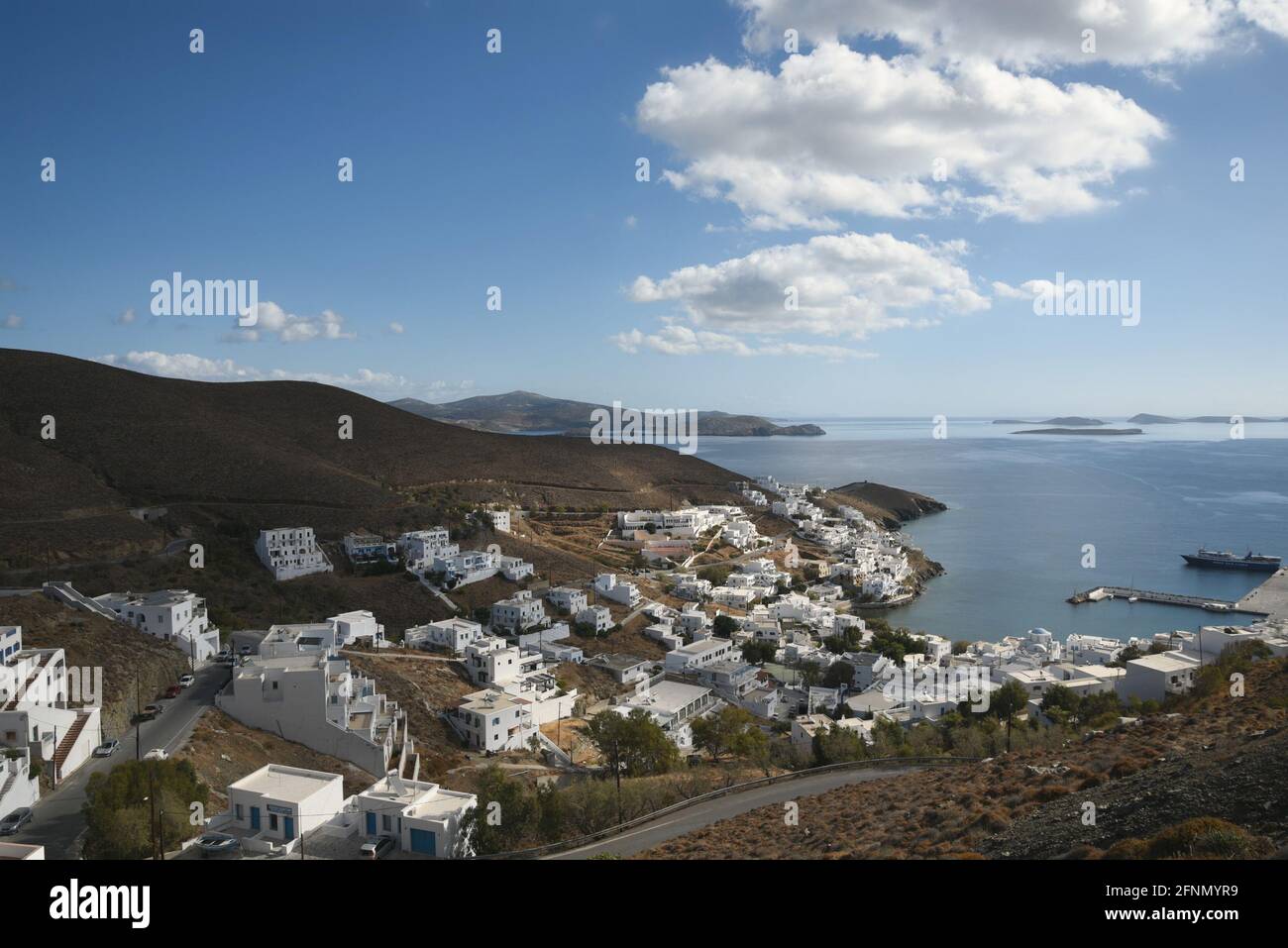 Scenic landscape with view of the old port in Chora the capital of ...