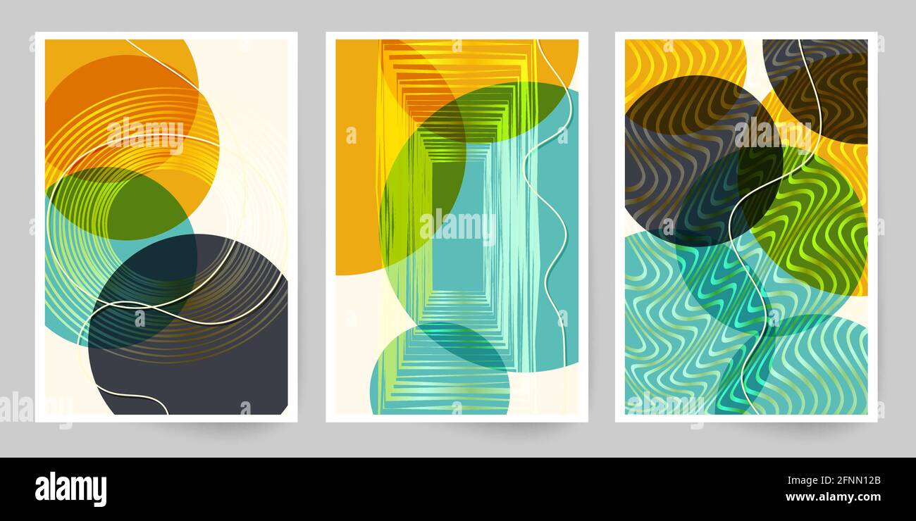 60s art canvas. Set of geometric shapes and lines. Imitation watercolor ...