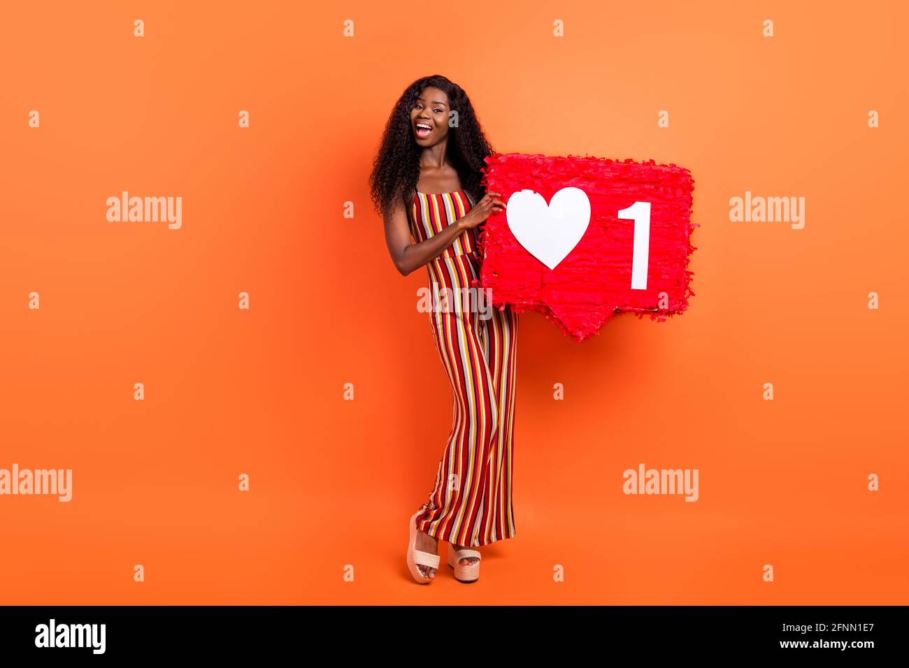 Full body photo of afro american happy nice cheerful lady hold hands ...