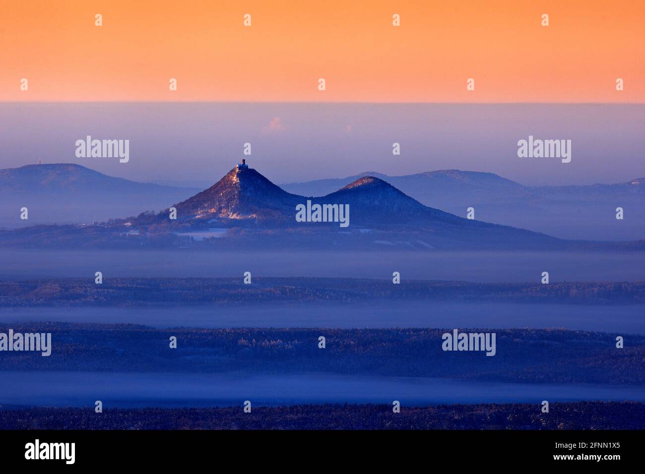 Czech landscape aerial view, Bezdez hill. Pink morning light before ...