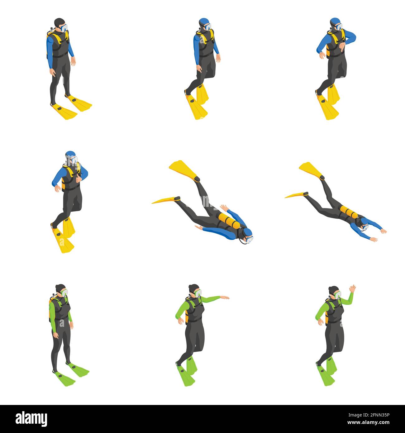 Set of diver icons in different poses and gestures on white background ...