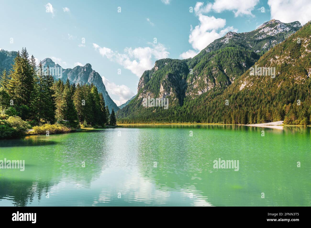 Panoramic view of Lake Dobbiaco ( Toblacher See ) in the Dolomites ...