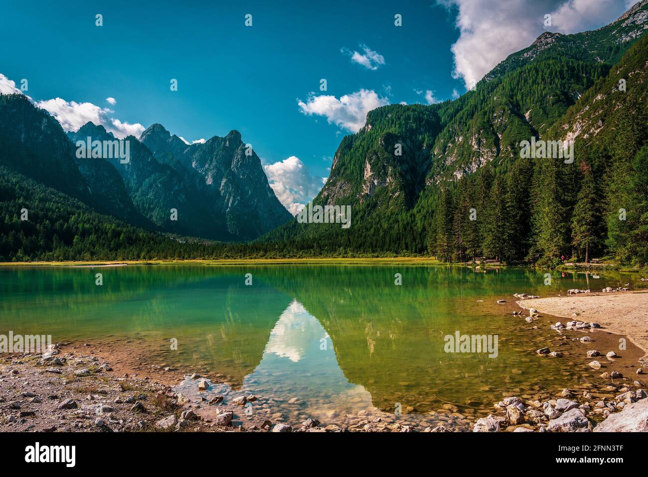Panoramic view of Lake Dobbiaco ( Toblacher See ) in the Dolomites ...