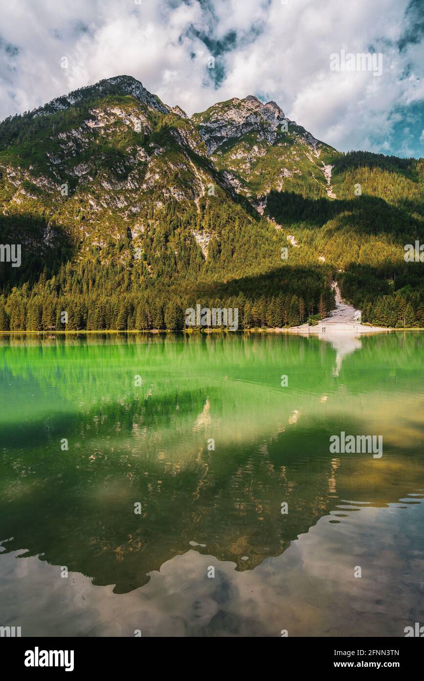 Panoramic view of Lake Dobbiaco ( Toblacher See ) in the Dolomites ...
