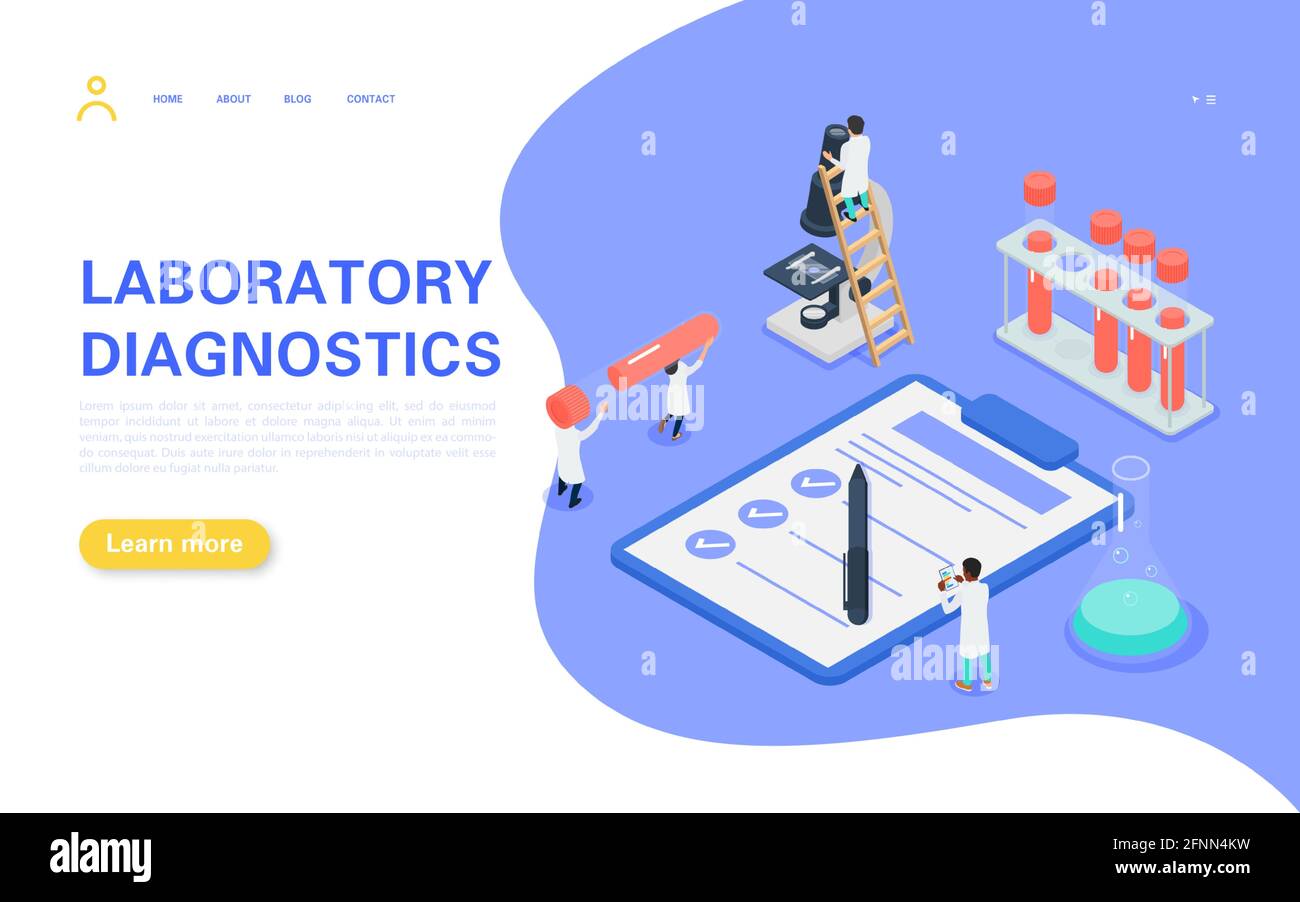 Laboratory diagnostic banner concept. Tiny people carry a test tube ...