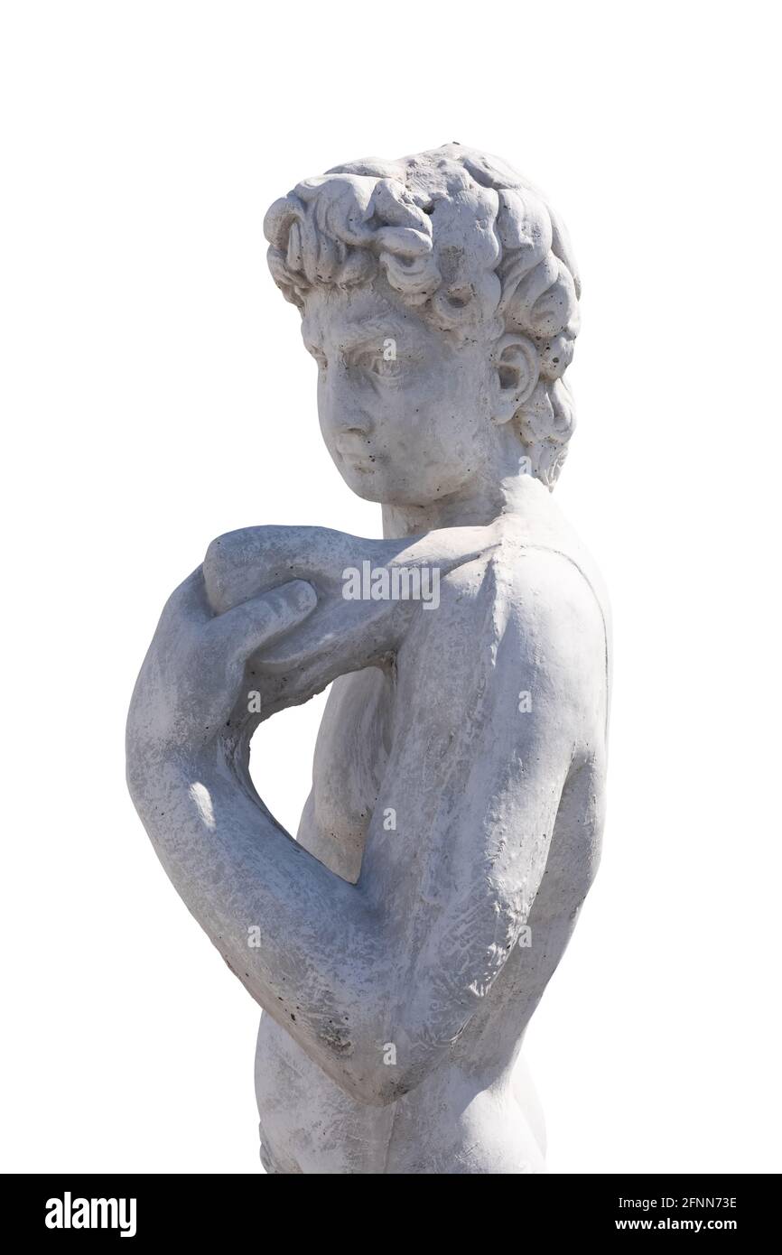 Side view of ancient man's upper body holding object stone sculpture on ...