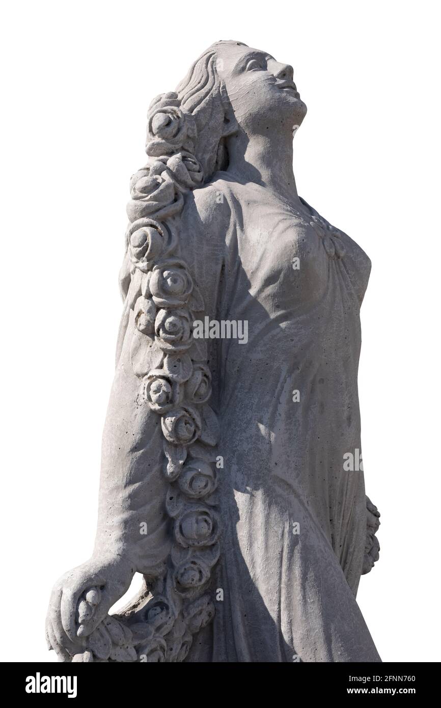 Side view of stone sculpture of woman looking up on white background ...