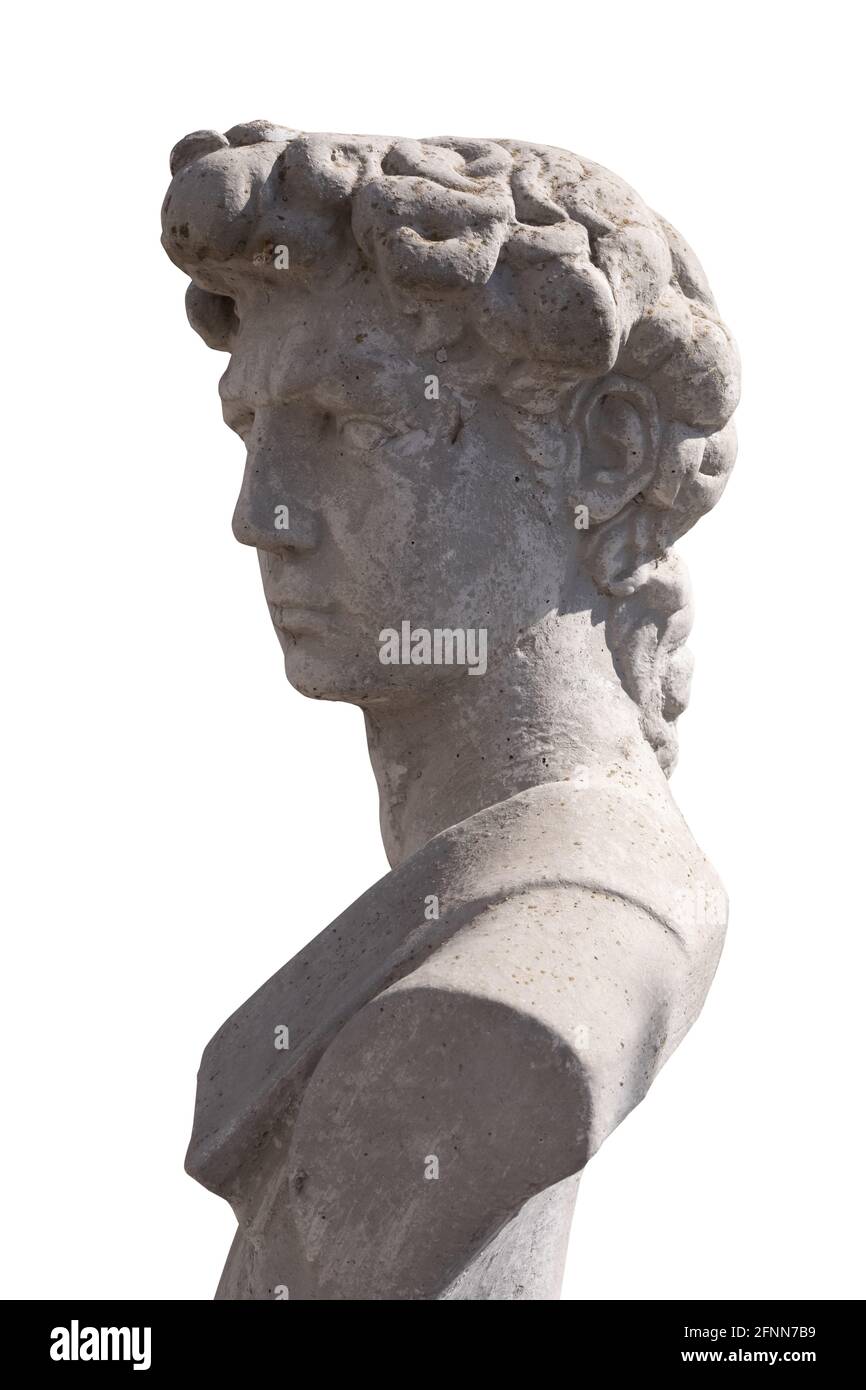 Close up side view of ancient stone sculpture of man's bust on white ...