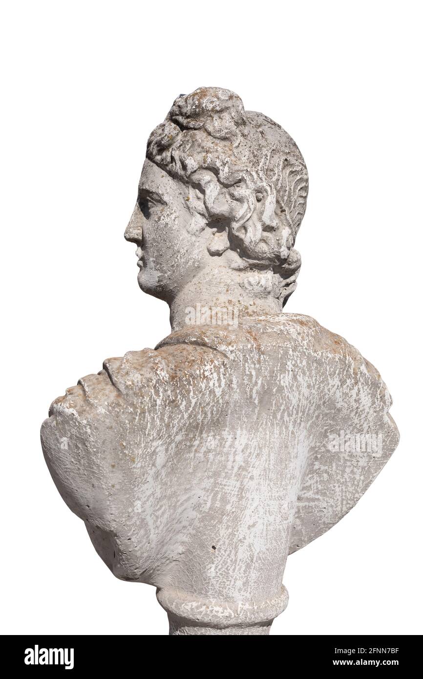 Side view of ancient stone sculpture of man's bust on white background ...