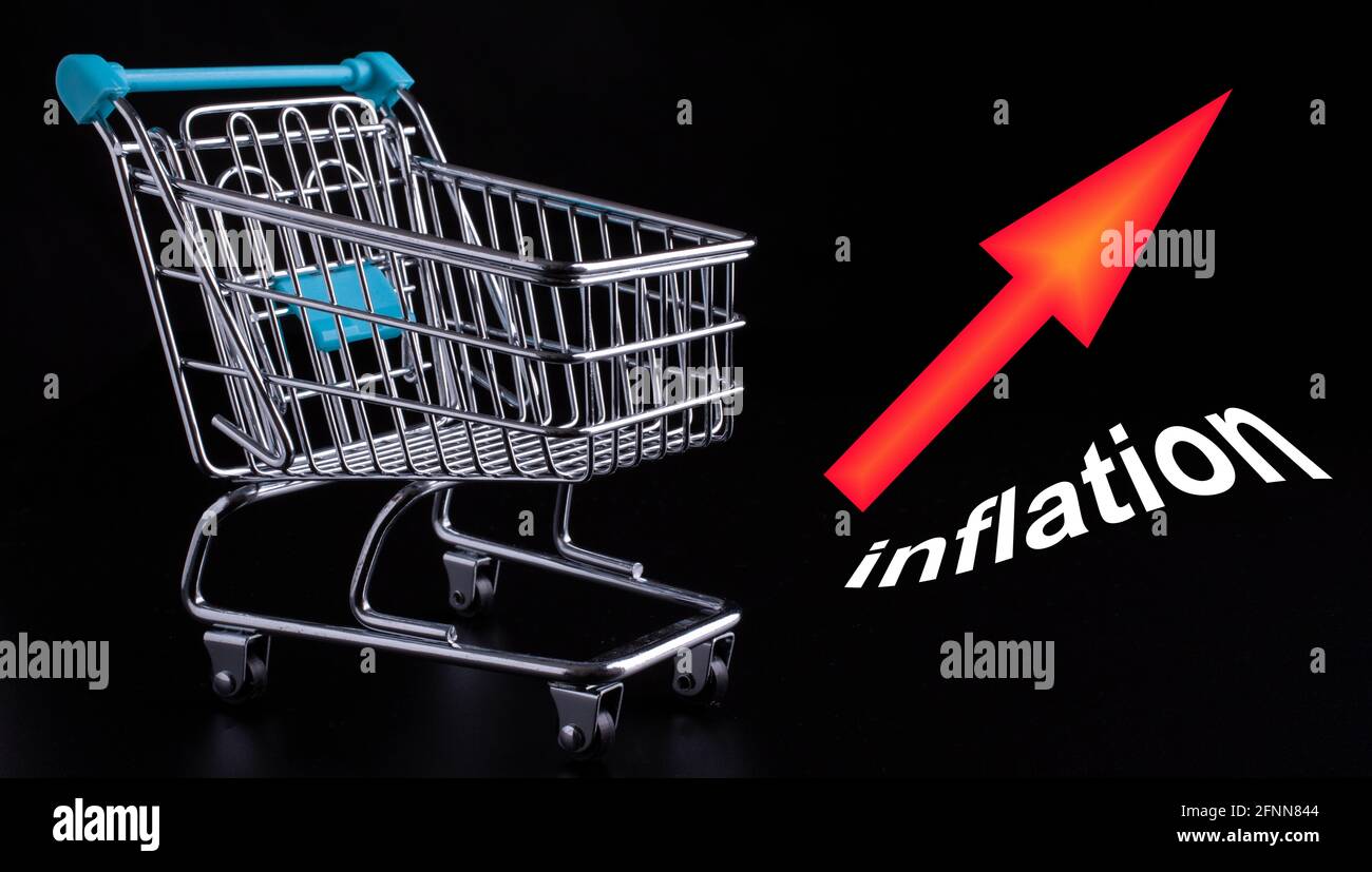 Shopping cart isolated on black background with arrow - inflation ...