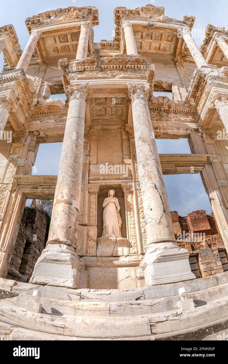 Celsus Library in Ephesus in Selcuk (Izmir), Turkey. Marble statue is ...
