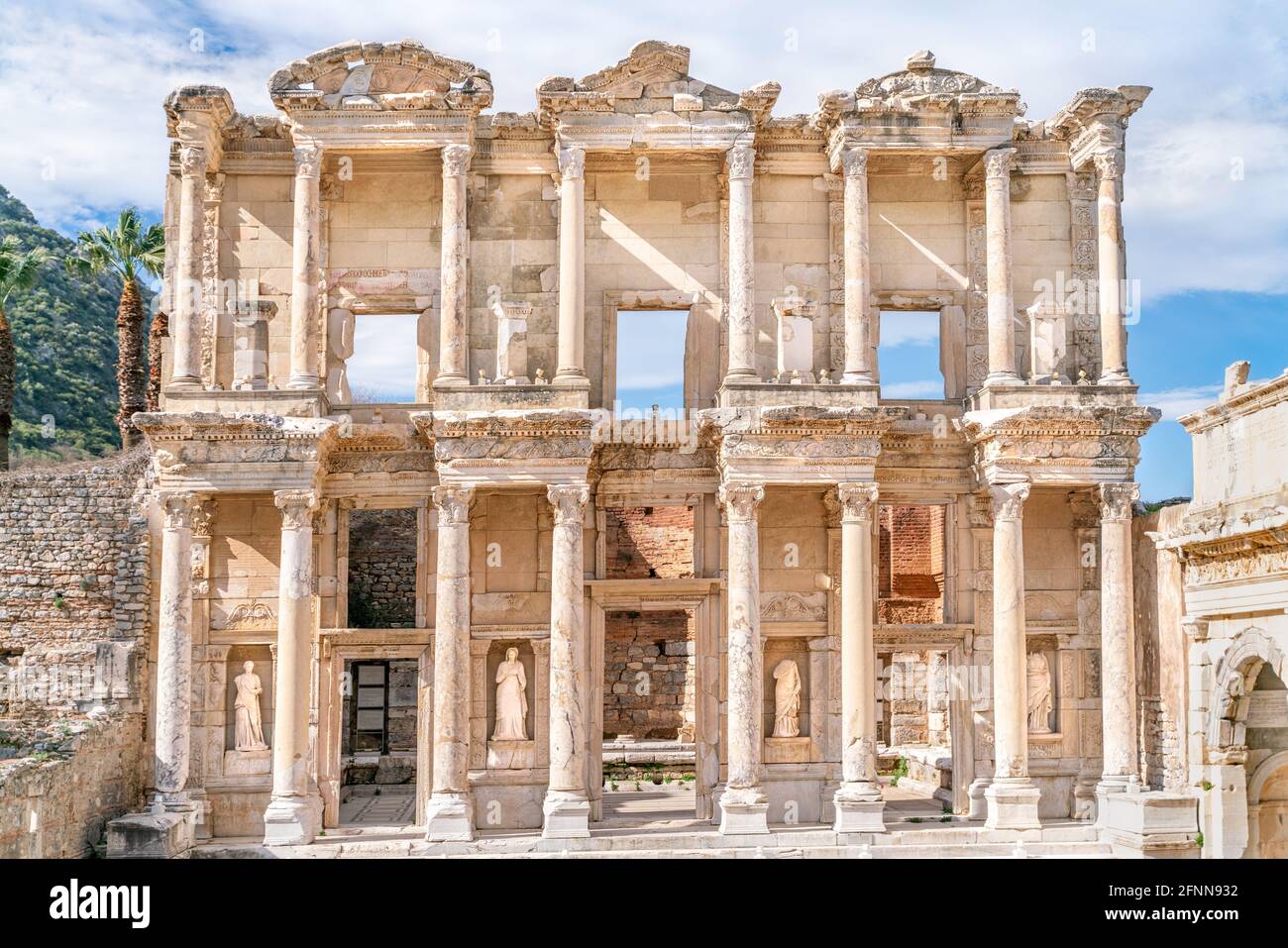 Celsus Library in Ephesus in Selcuk (Izmir), Turkey. Marble statue is ...