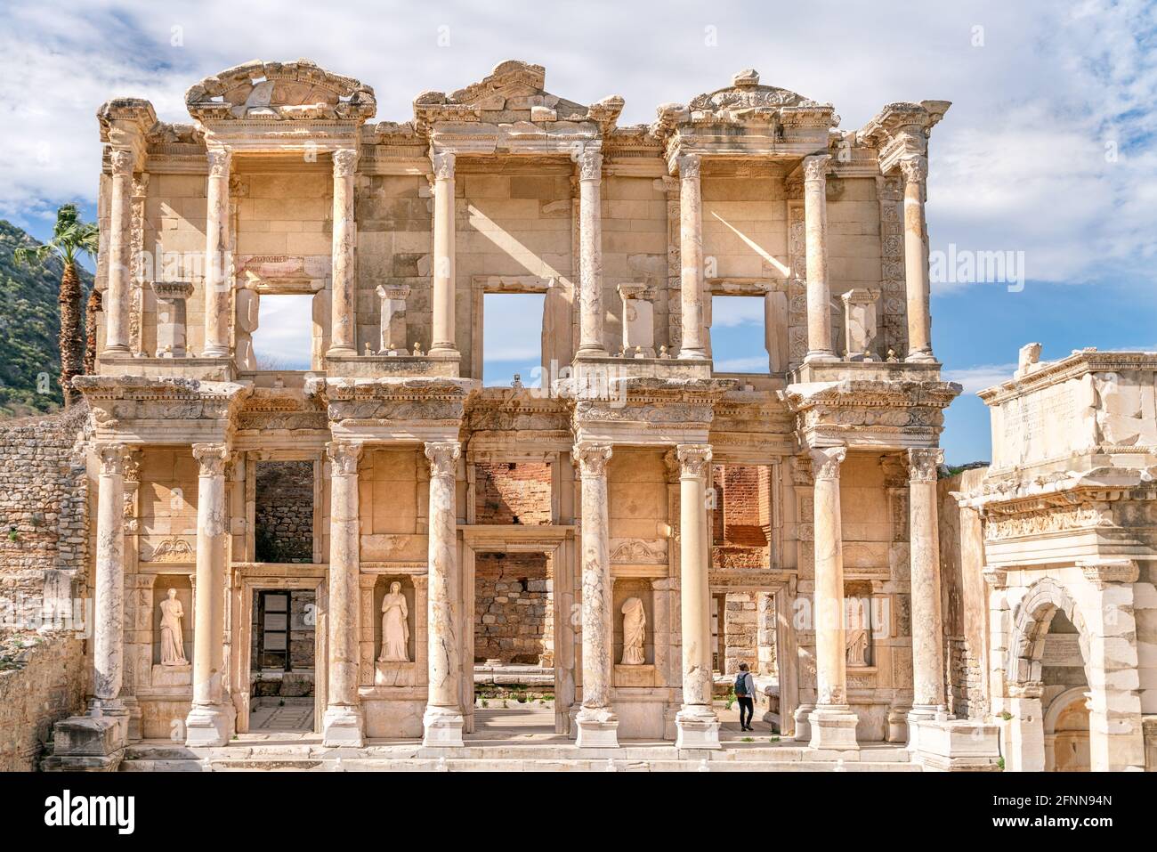 Celsus Library in Ephesus in Selcuk (Izmir), Turkey. Marble statue is ...