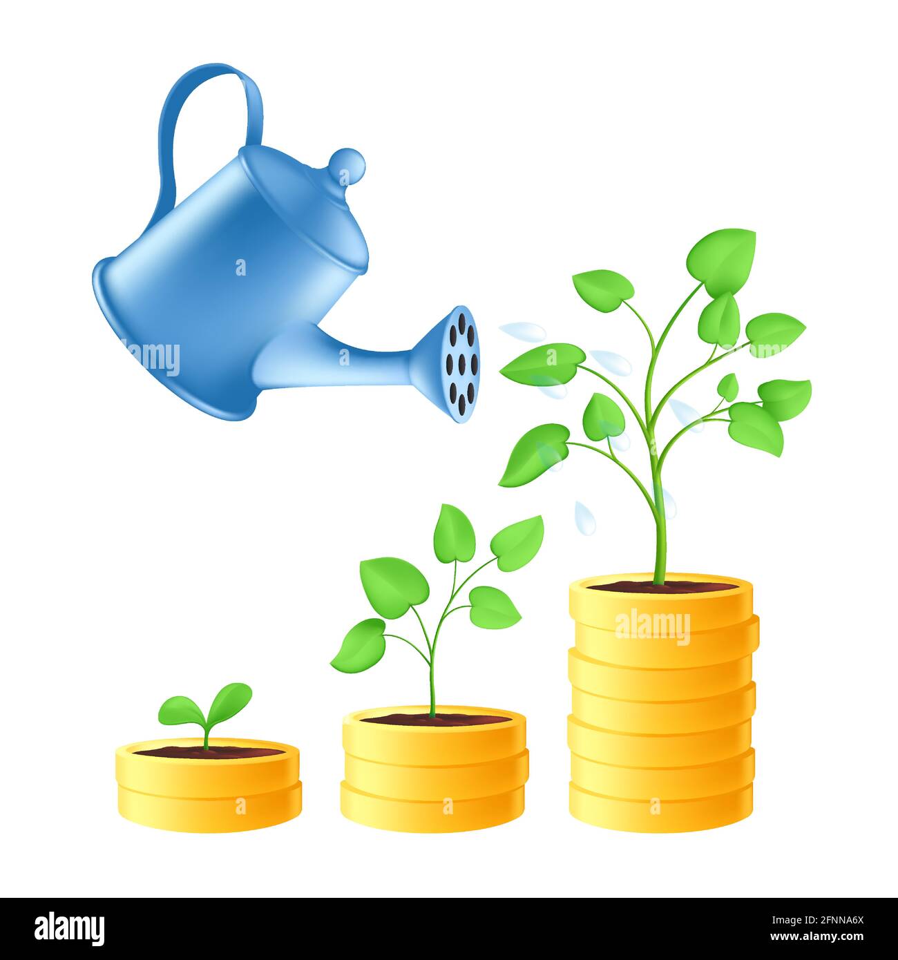 Watering can pours water on a stack of gold coins. Business investment ...
