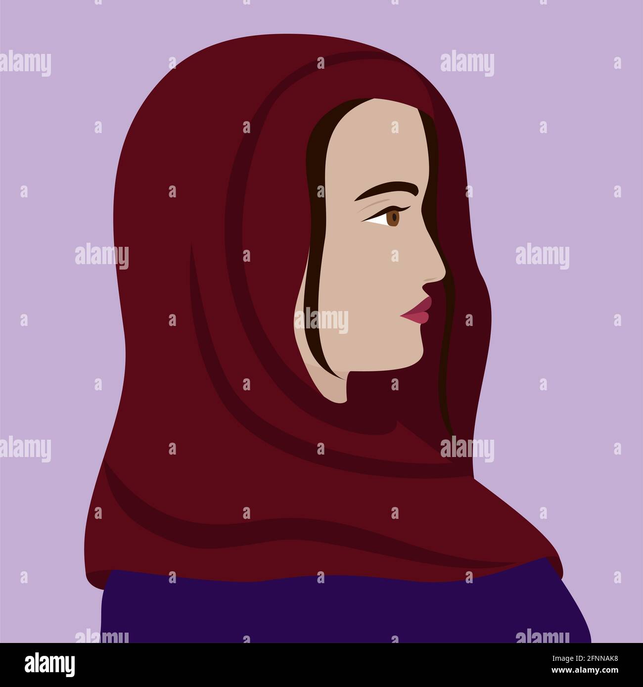 Profile portrait of an elegant muslim woman in dark red headscarf. Side ...