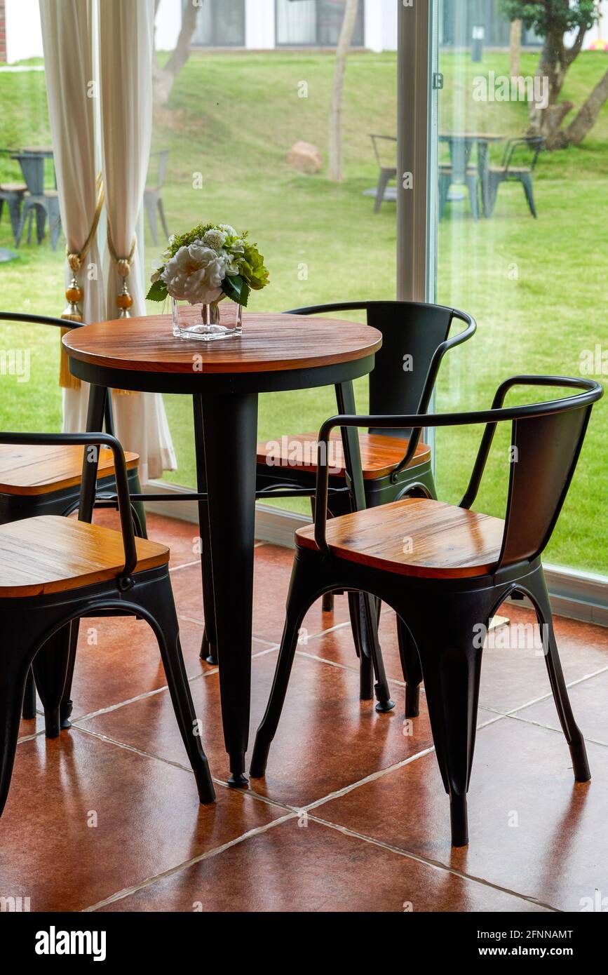 European style restaurant cafe table and chair layout Stock Photo - Alamy