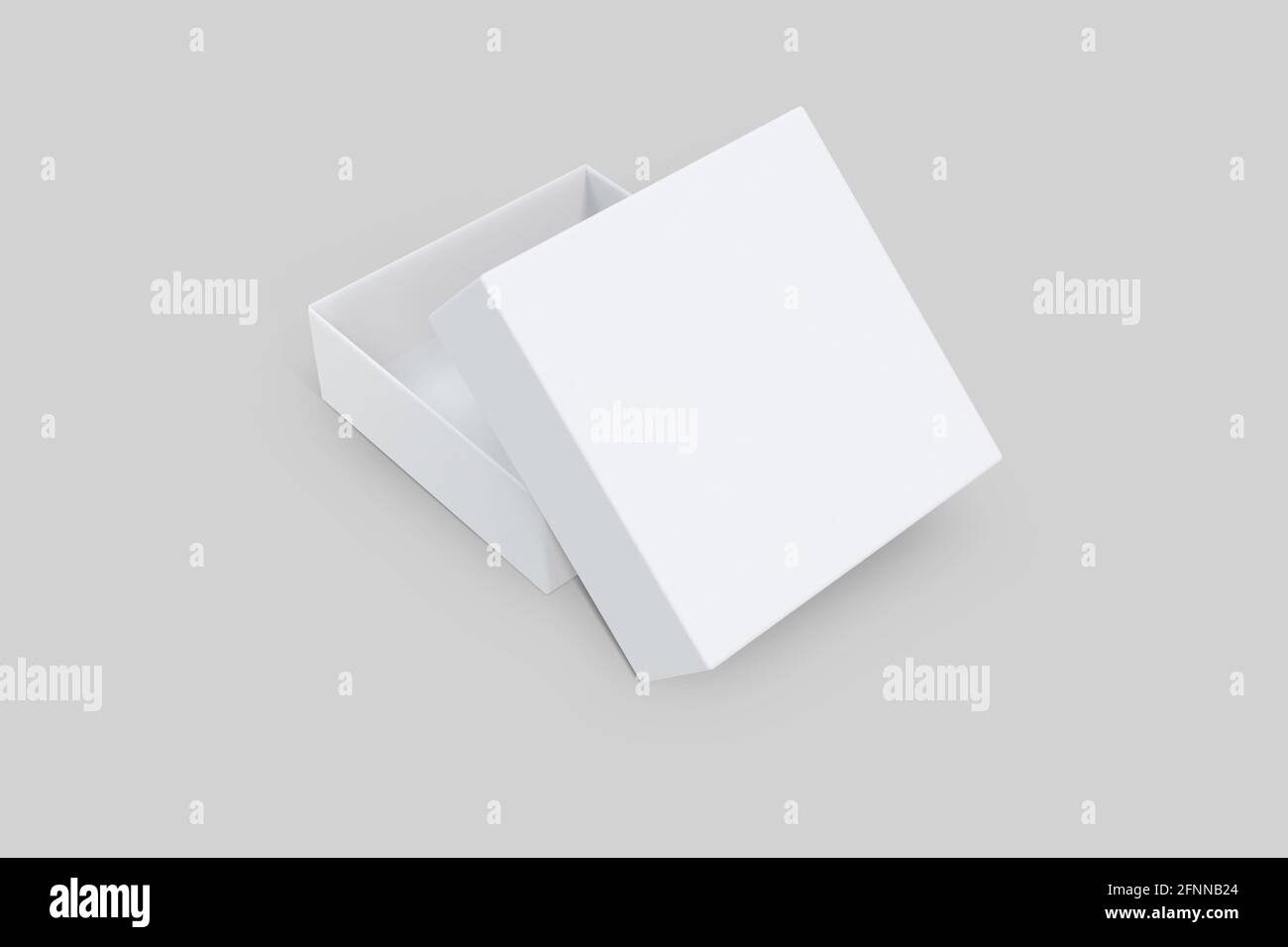 3d rendering of white square box with open lid, on soft grey background ...