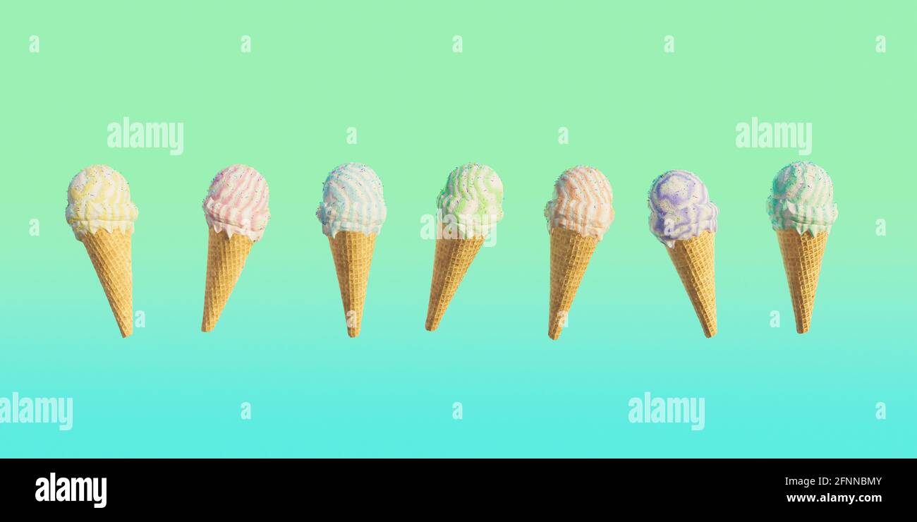 Illustration of ice cream cones of different colors on a minimalist ...