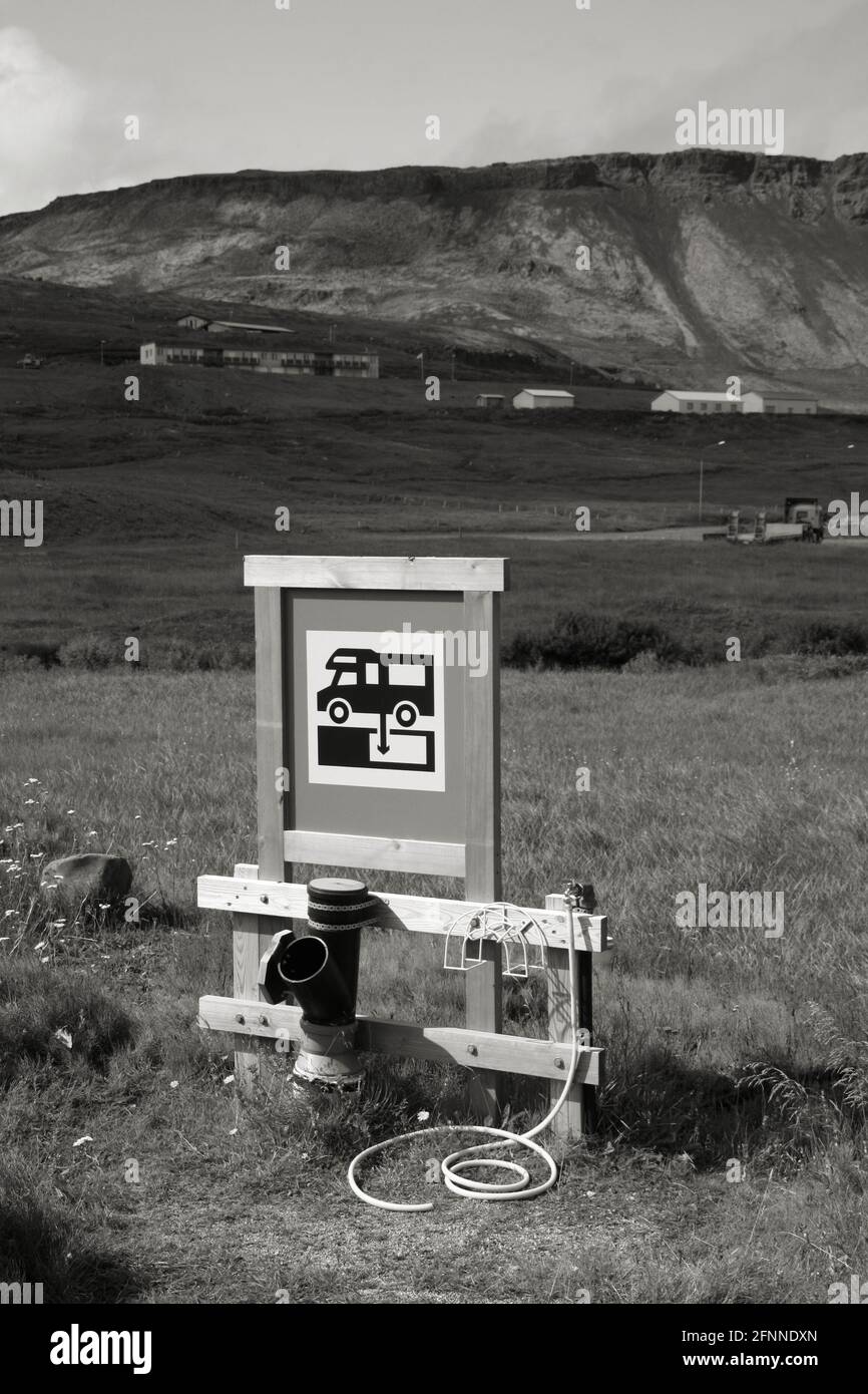 RV camping sewage dump station at a campground in Iceland. Focus on the ...