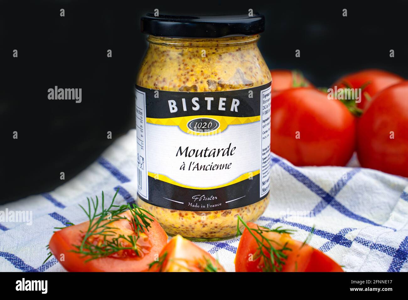 Kazan, Russia. May 12, 2021. Bister brand of mustard in glass jar in ...