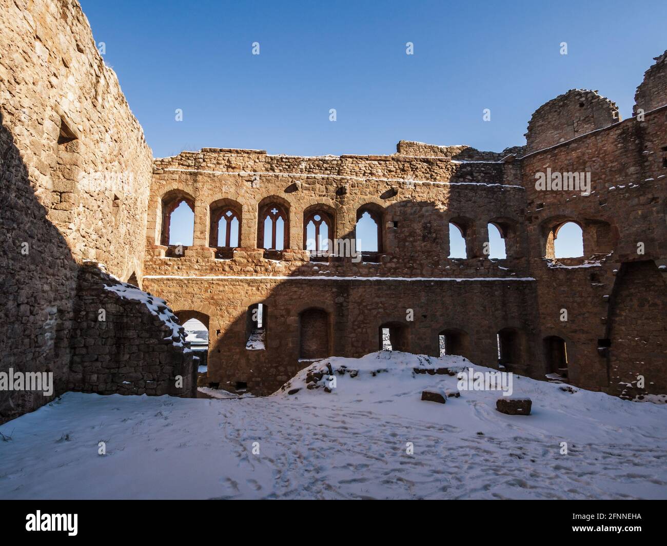 Mountain landscape with the ruins of a medieval castle in the Vosges ...
