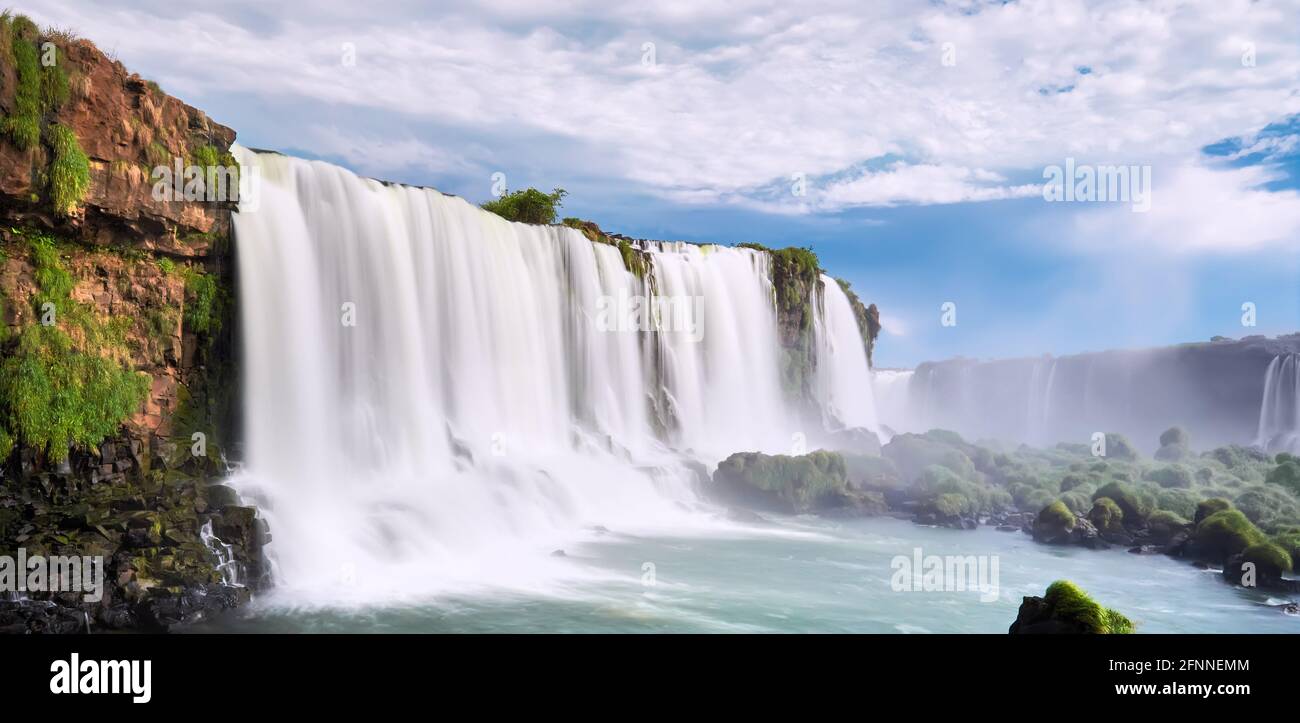 Iguazu waterfalls in Argentina, view from Devil's Mouth. Panoramic view ...