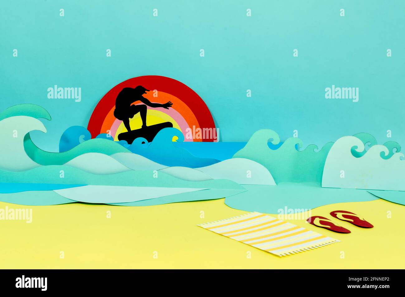 Creative paper craft of a surfer on the waves and a sandy beach Stock ...