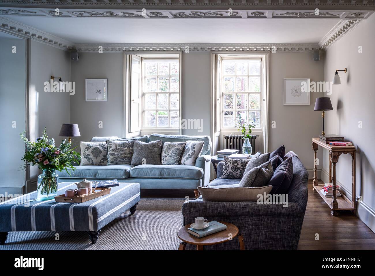 Pasha Embroidery and Pomeroy Paisley cushions with bespoke ottoman in ...