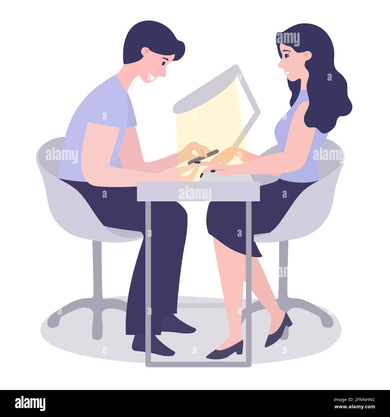 Man nail master at work with client, side view. Manicurist is sitting ...