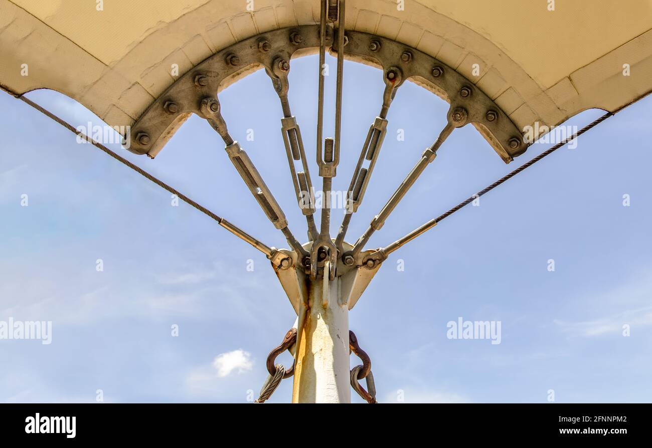 Connection points of tension membrane roof. Turnbuckle wire rope ...