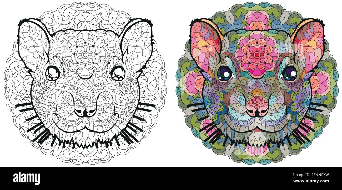 Hand drawn zentangle rat head on a circular ornament for t-shirt and ...