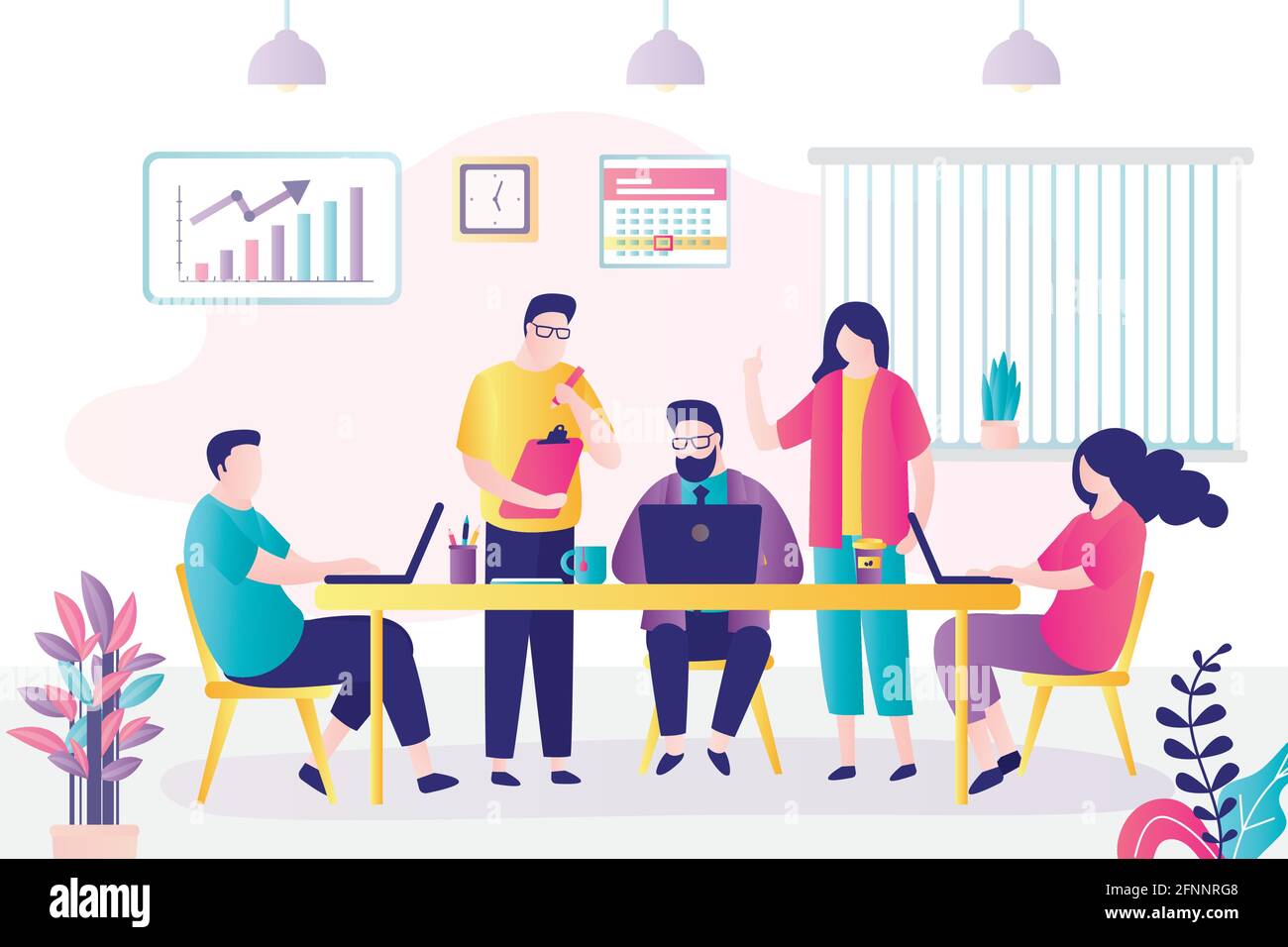 Modern office room interior. Businesspeople group at workplace. Team ...