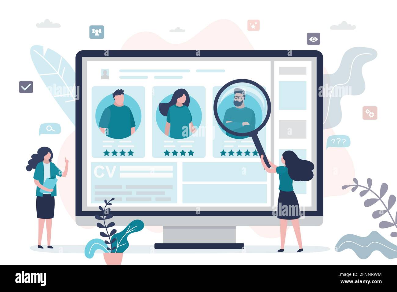 Female character choosing best candidate for job. Profiles of different ...