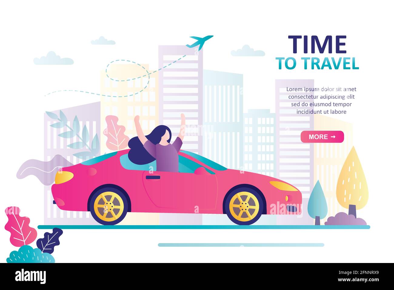 Time to travel, landing page template. Happy woman tourist ride on car ...