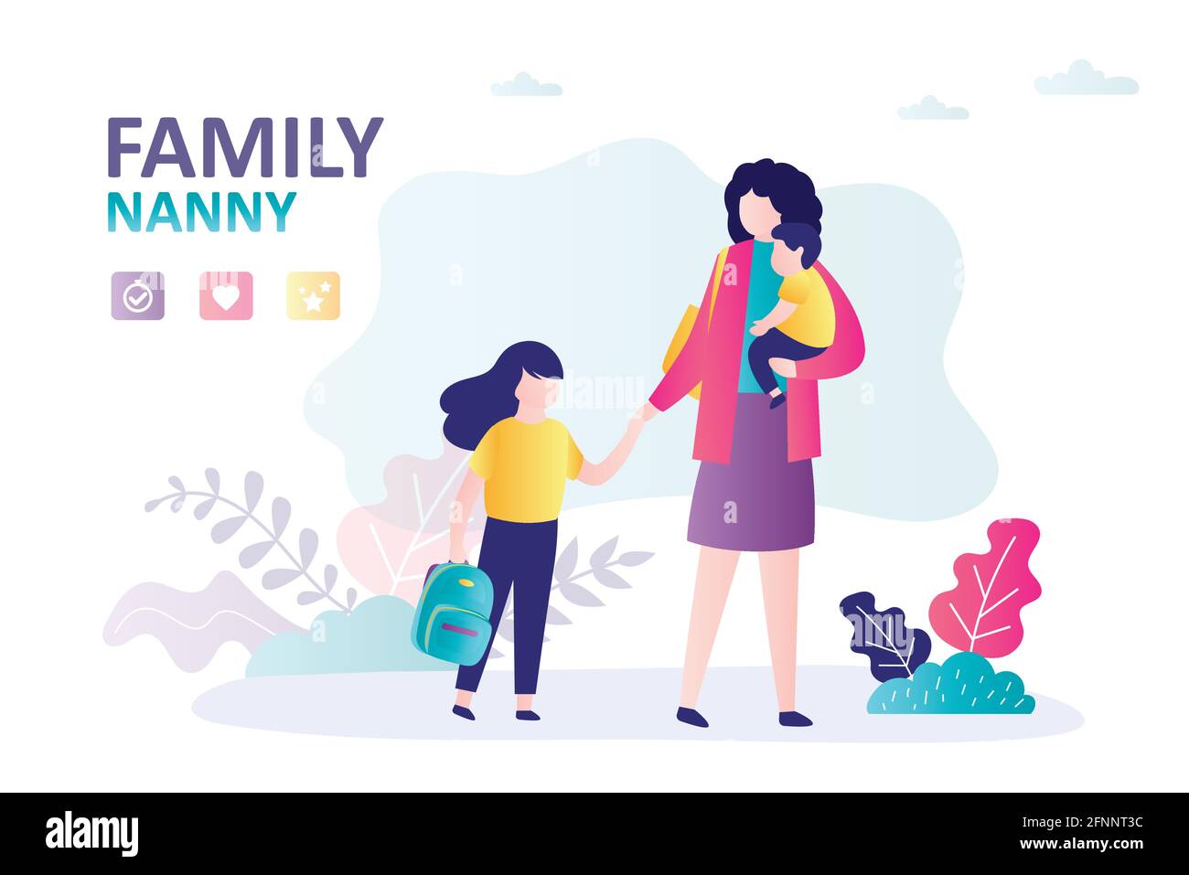 Babysitter with children walks in park. Babysitting service and family ...