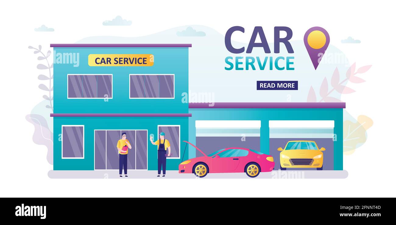 Car service banner template. Office and garage building, modern autos ...