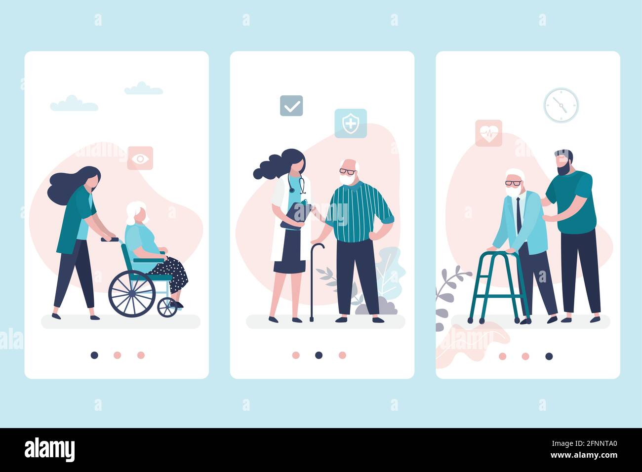 Geriatric care. Application pages template. Medical consultation. Woman ...