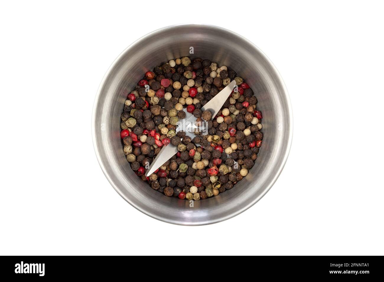 Modern steel pepper grinder with a pepper mix isolated on white ...