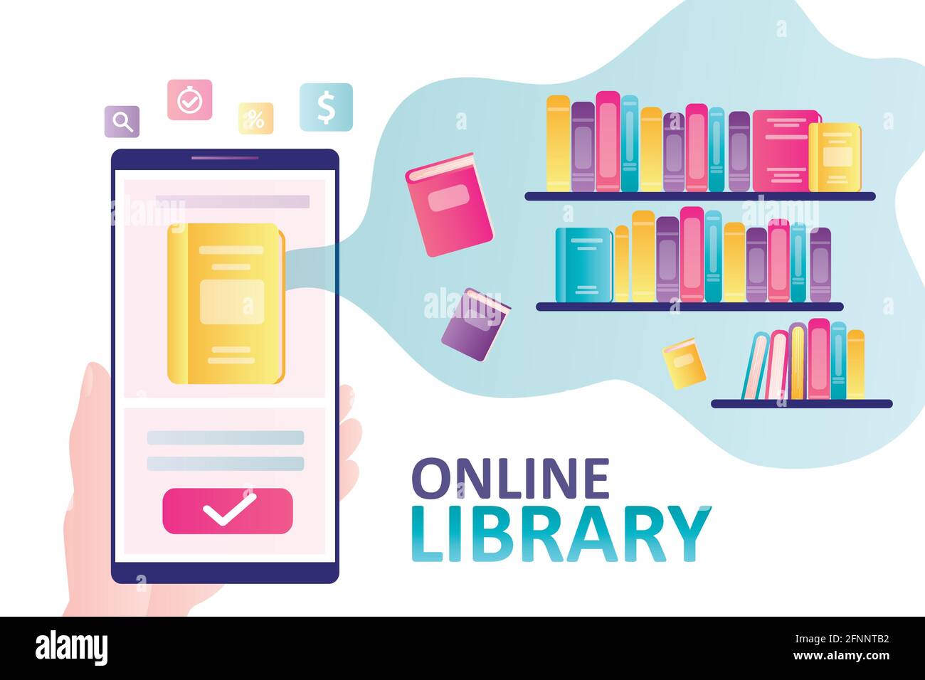 Hand holds smartphone with e-book on screen. Bookshelves with different ...