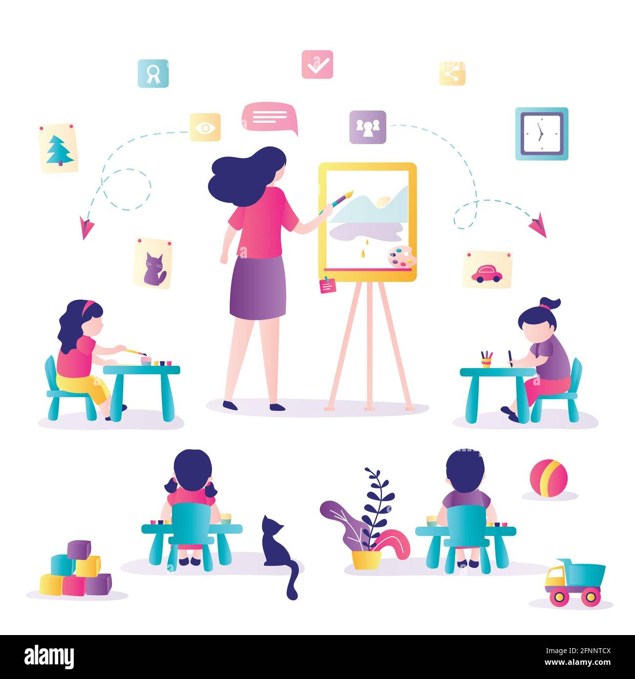 Art class. Early childhood education. Woman art teacher and group of ...