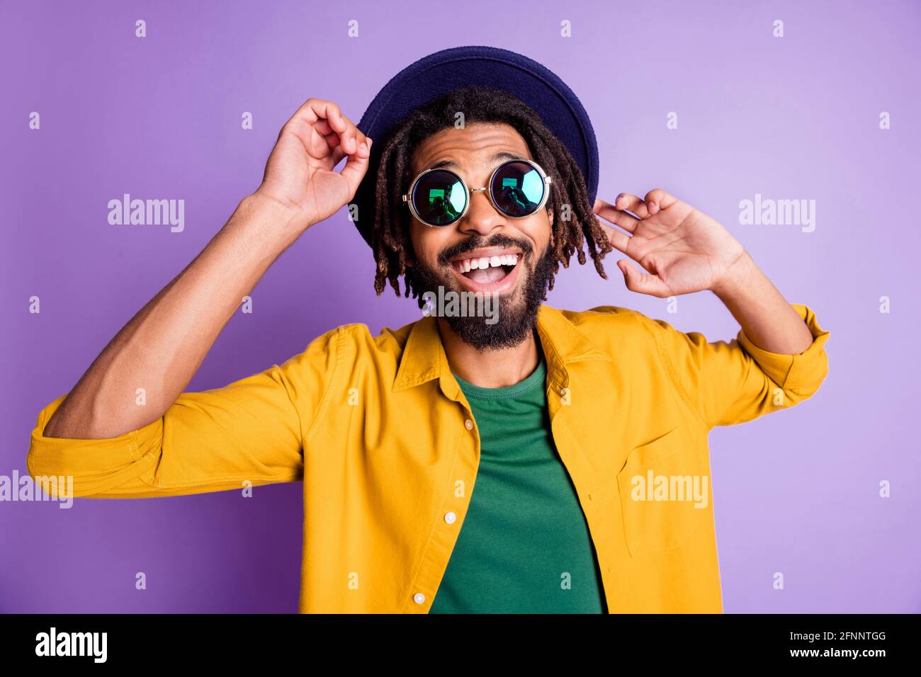 Portrait of carefree dark skin person dancing have fun toothy smile ...