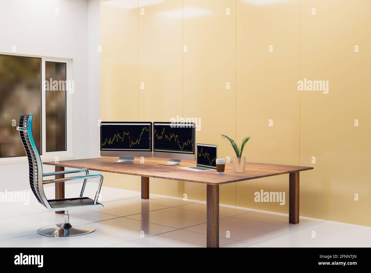 trading room and working of business people, 3d illustration rendering ...
